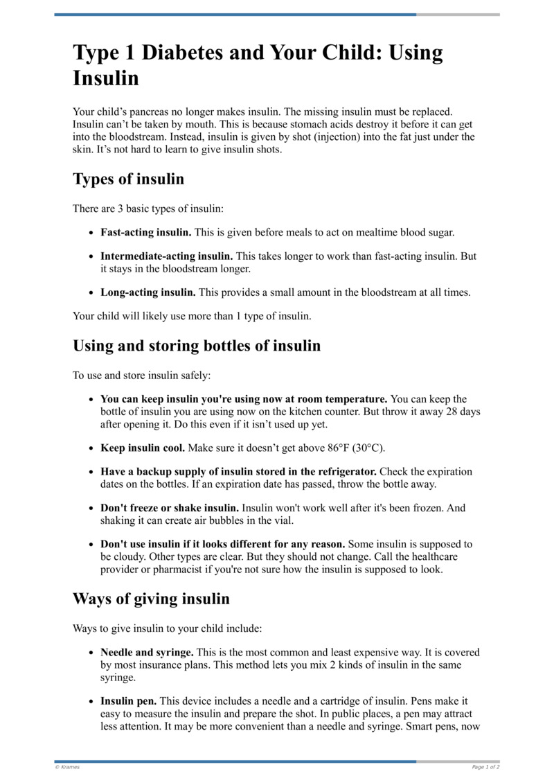 Text - Type 1 Diabetes and Your Child: Using Insulin - HealthClips Online