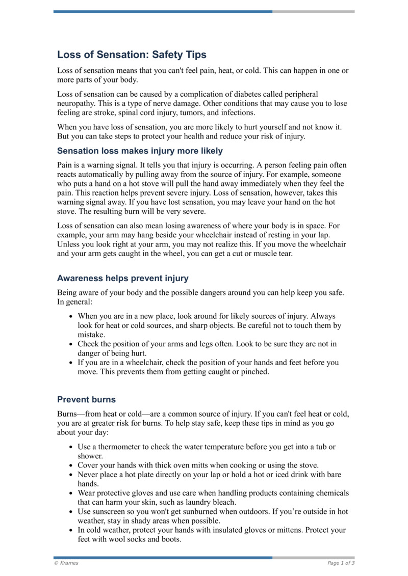 PDF - Loss of Sensation: Safety Tips - HealthClips Online