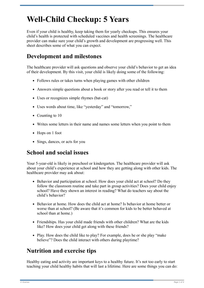 Text - Well-Child Checkup: 5 Years - HealthClips Online