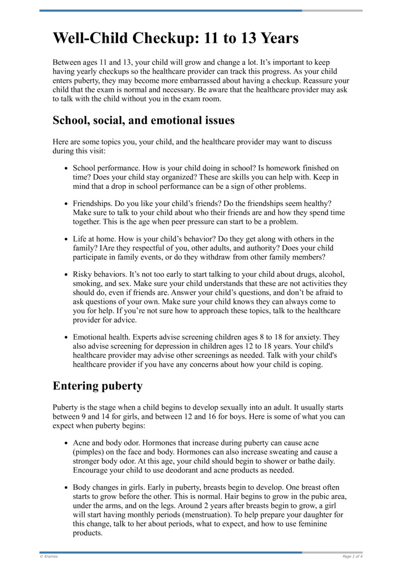 PDF - Well-Child Checkup: 11 to 13 Years - HealthClips Online