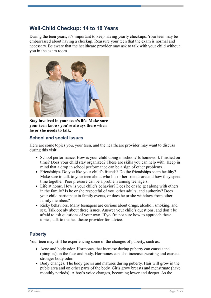 PDF - Well-Child Checkup: 14 to 18 Years - HealthClips Online