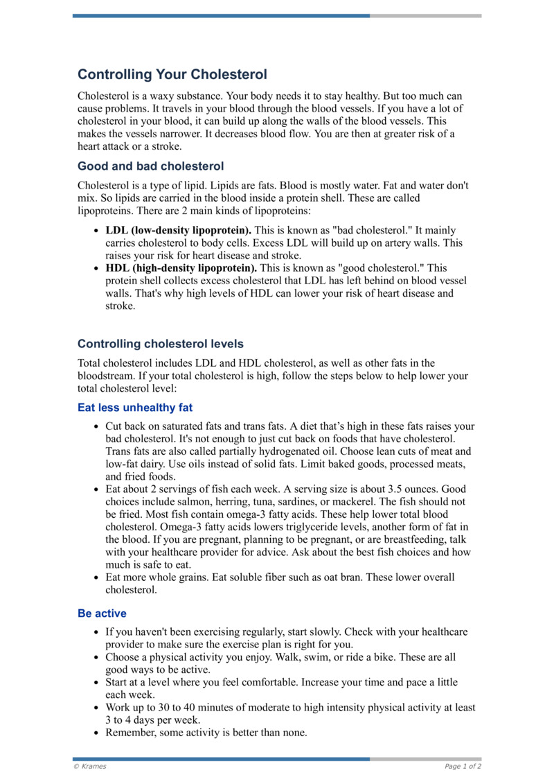 PDF - Controlling Your Cholesterol - HealthClips Online