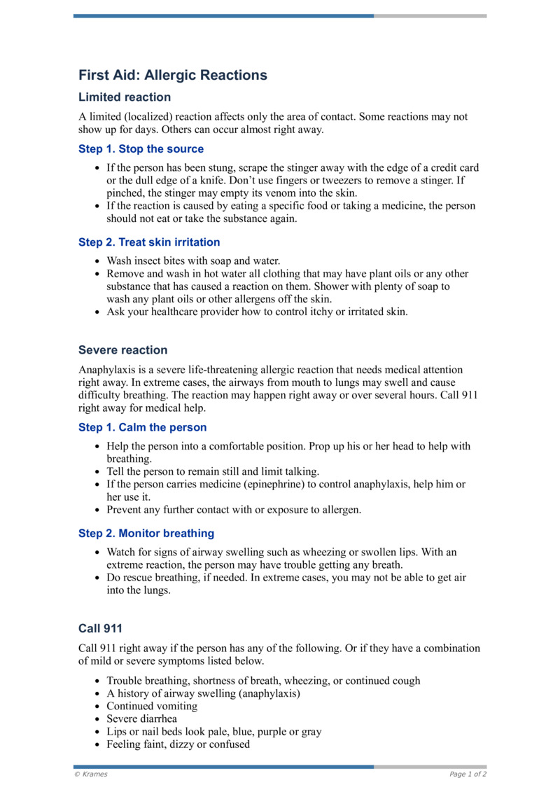 PDF - First Aid: Allergic Reactions - HealthClips Online