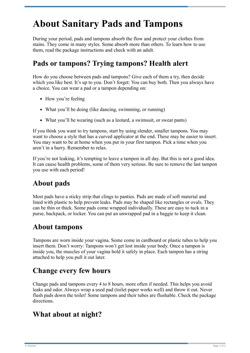 Text - For Girls: About Sanitary Pads and Tampons - HealthClips Online