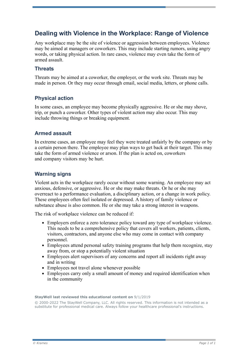 PDF - Dealing with Violence in the Workplace: Range of Violence ...