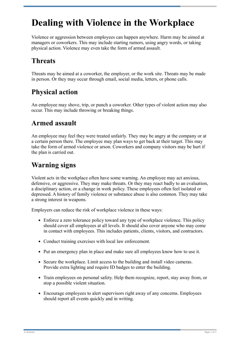 Text - Dealing with Violence in the Workplace: Range of Violence ...