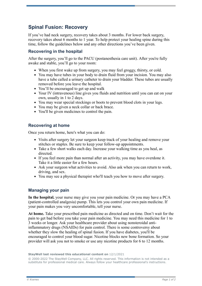 PDF - Spinal Fusion: Recovery - HealthClips Online