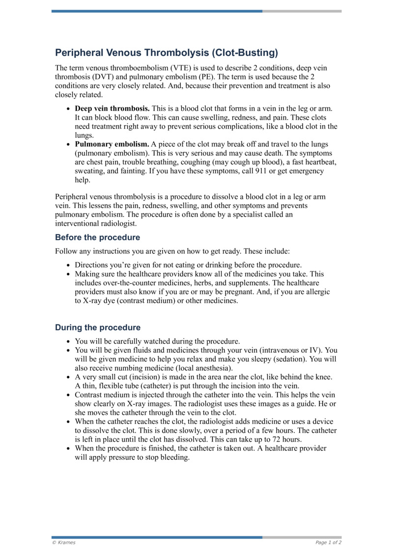 Text - Peripheral Venous Thrombolysis (Clot-Busting) - HealthClips Online