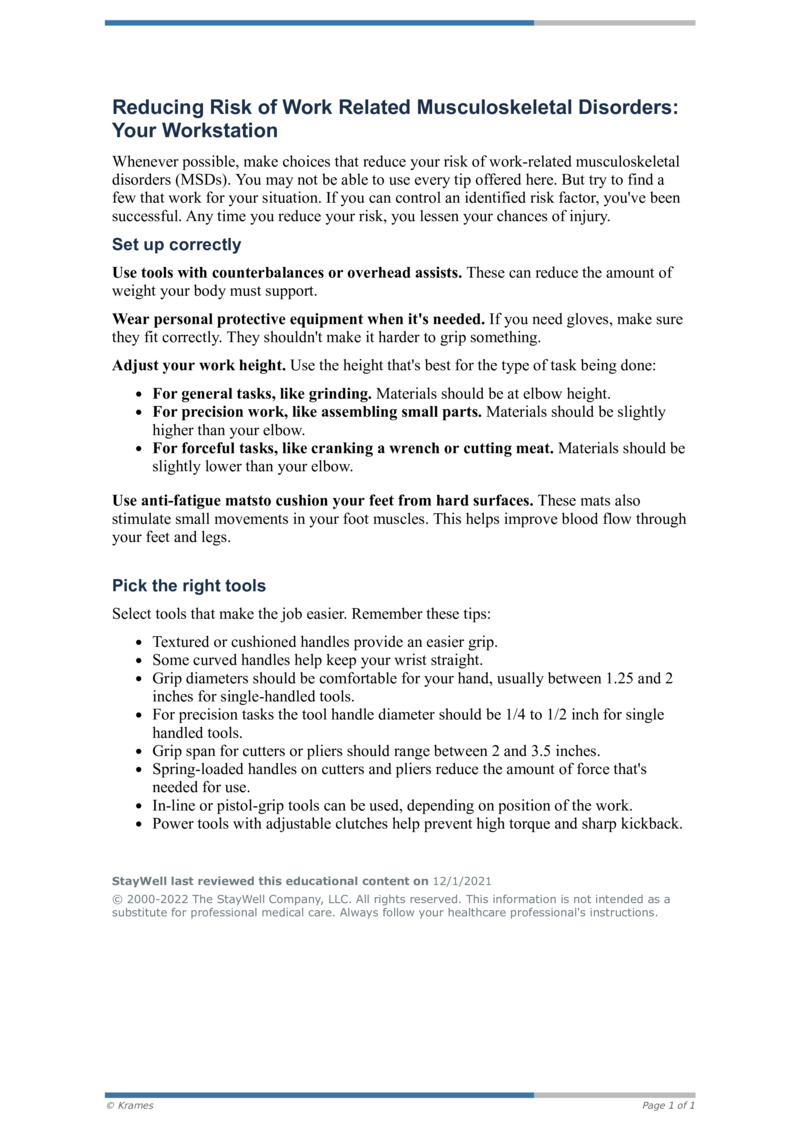 PDF - Reducing Risk of MSDs: Your Workstation - HealthClips Online