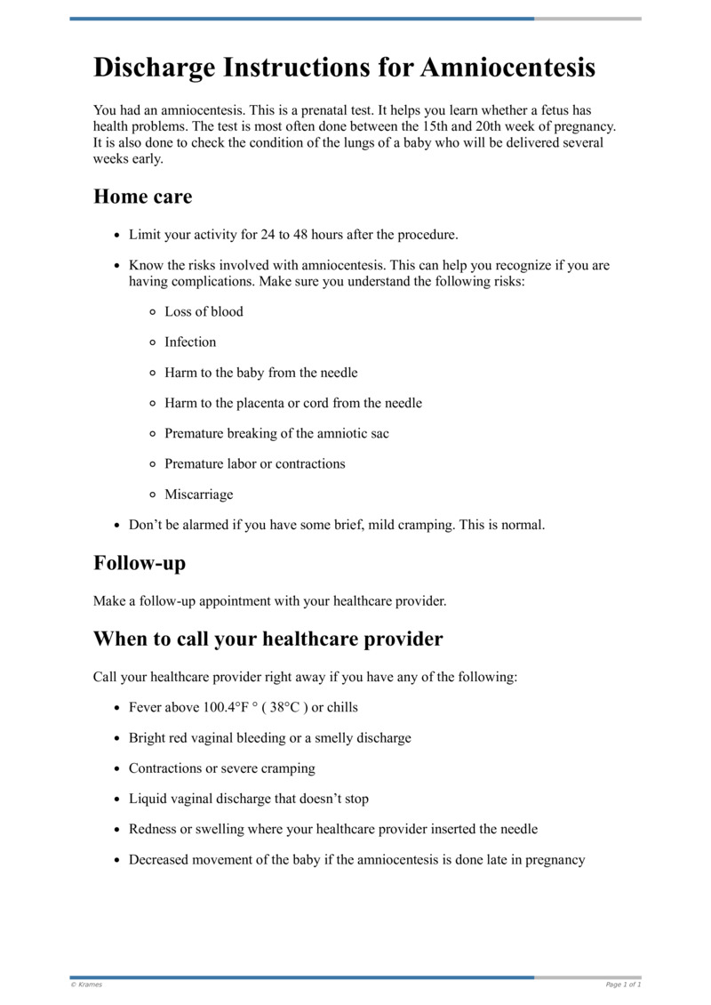 Text - Discharge Instructions for Amniocentesis - HealthClips Online