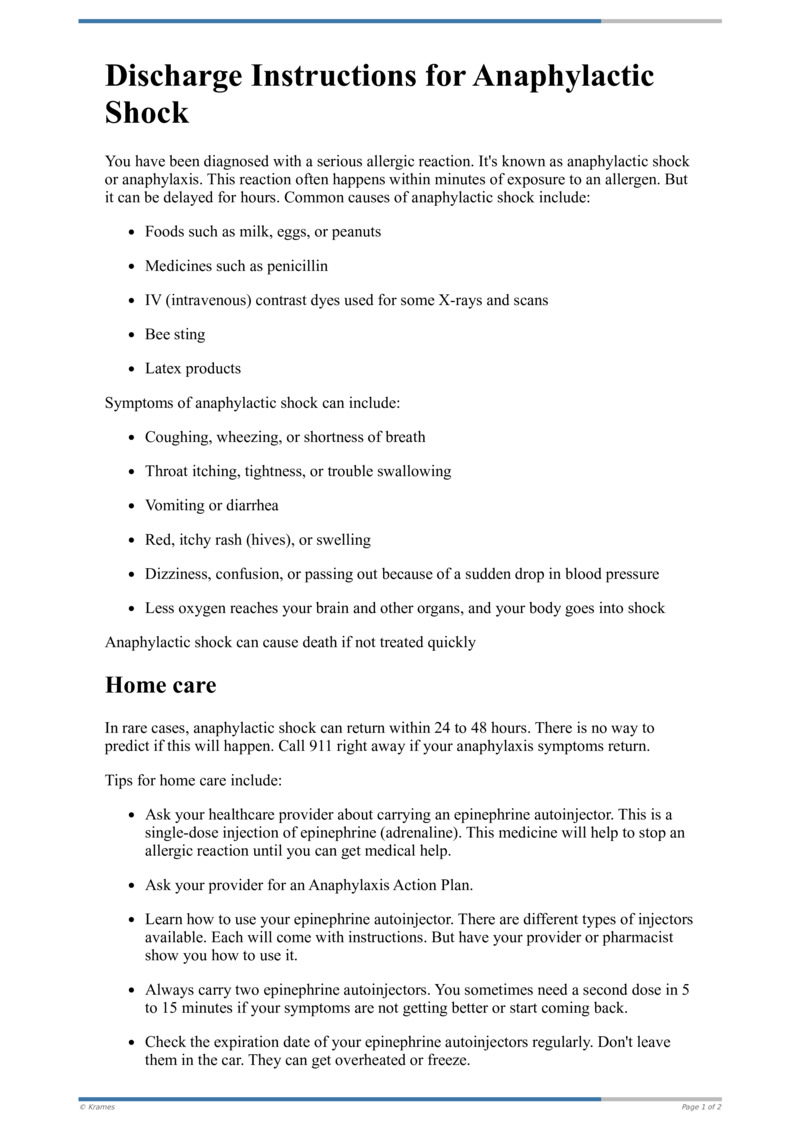 PDF - Discharge Instructions for Anaphylactic Shock - HealthClips Online