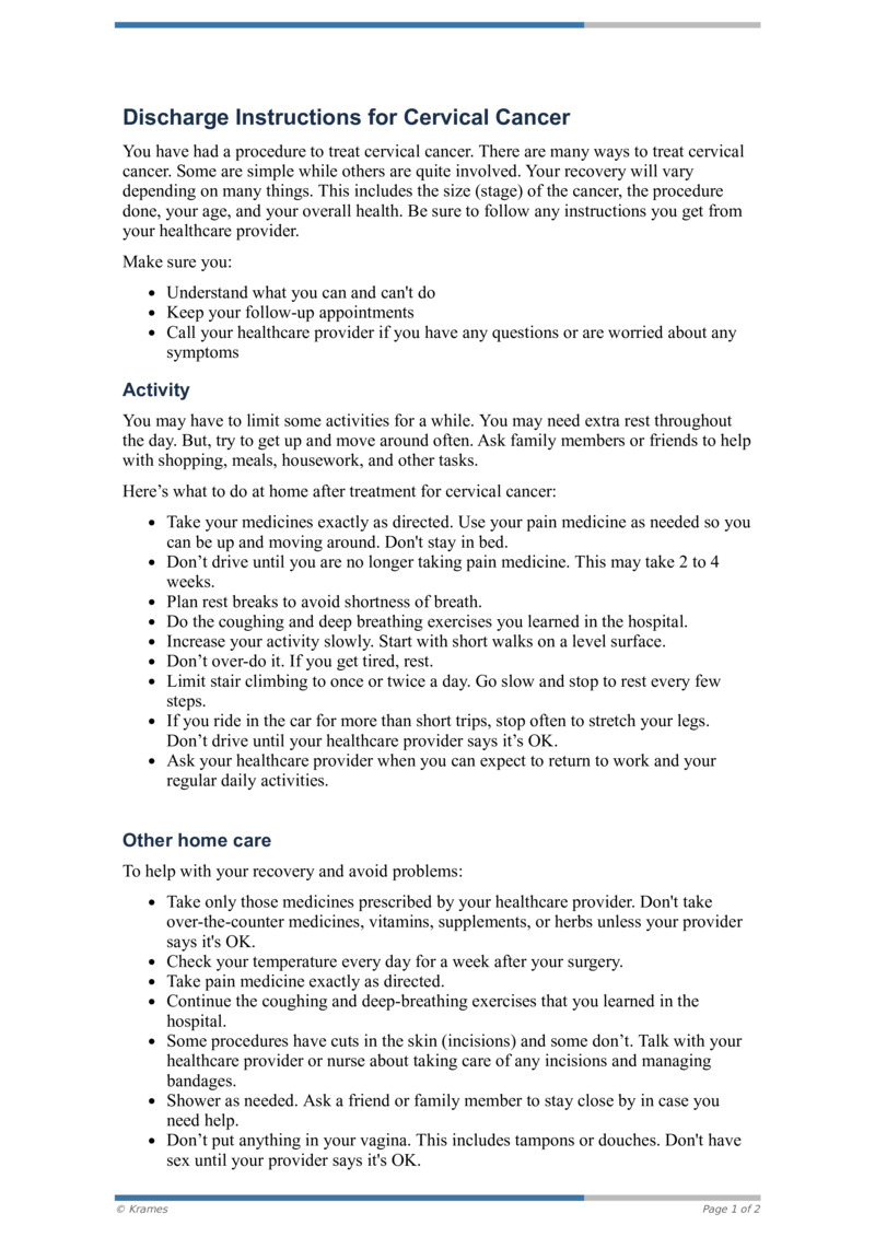 PDF - Discharge Instructions for Cervical Cancer - HealthClips Online