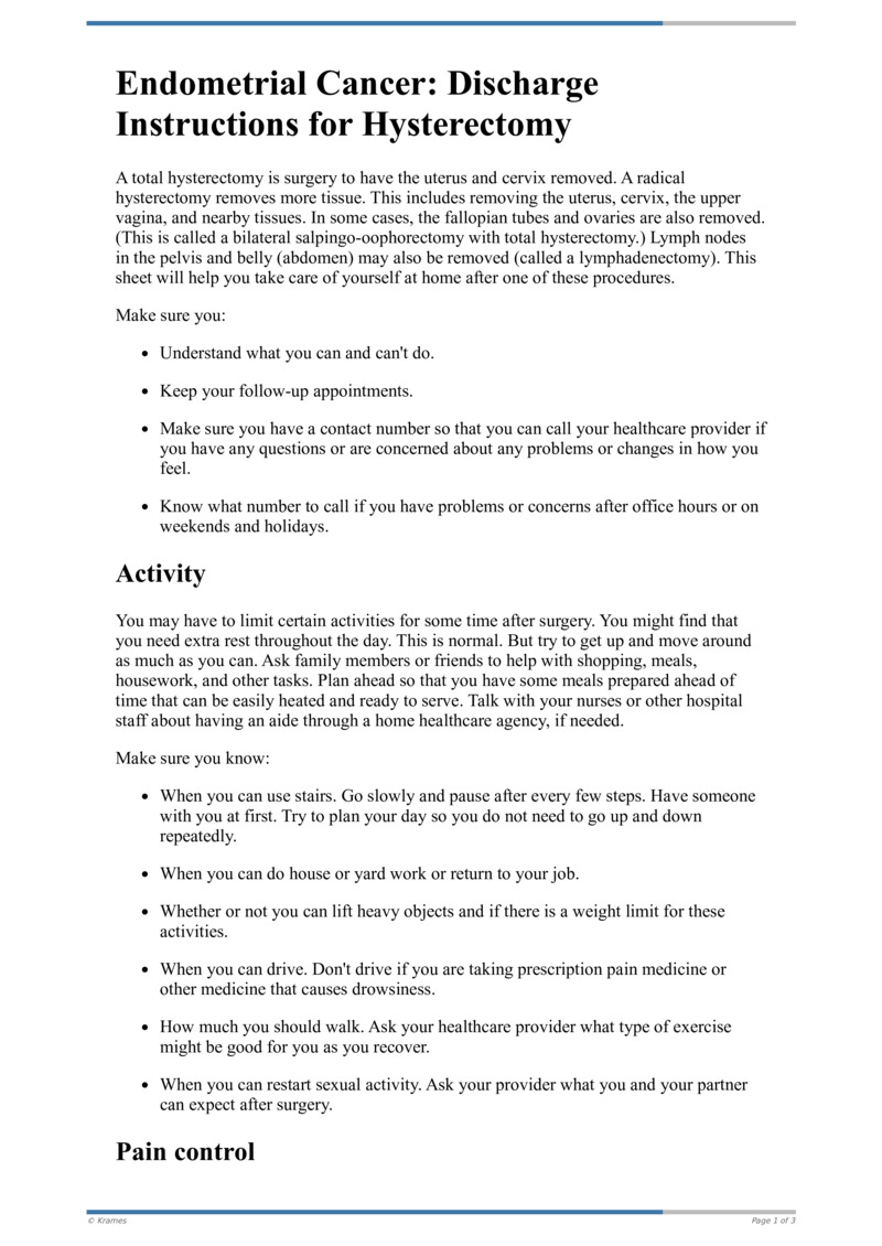 Text - Endometrial Cancer: Discharge Instructions for Hysterectomy ...