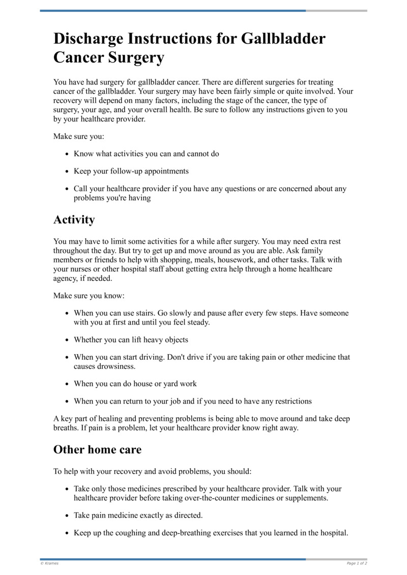 Text - Discharge Instructions for Gallbladder Cancer Surgery ...