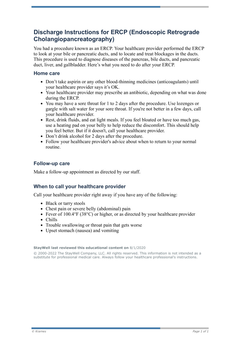 PDF - Discharge Instructions for ERCP (Endoscopic Retrograde ...