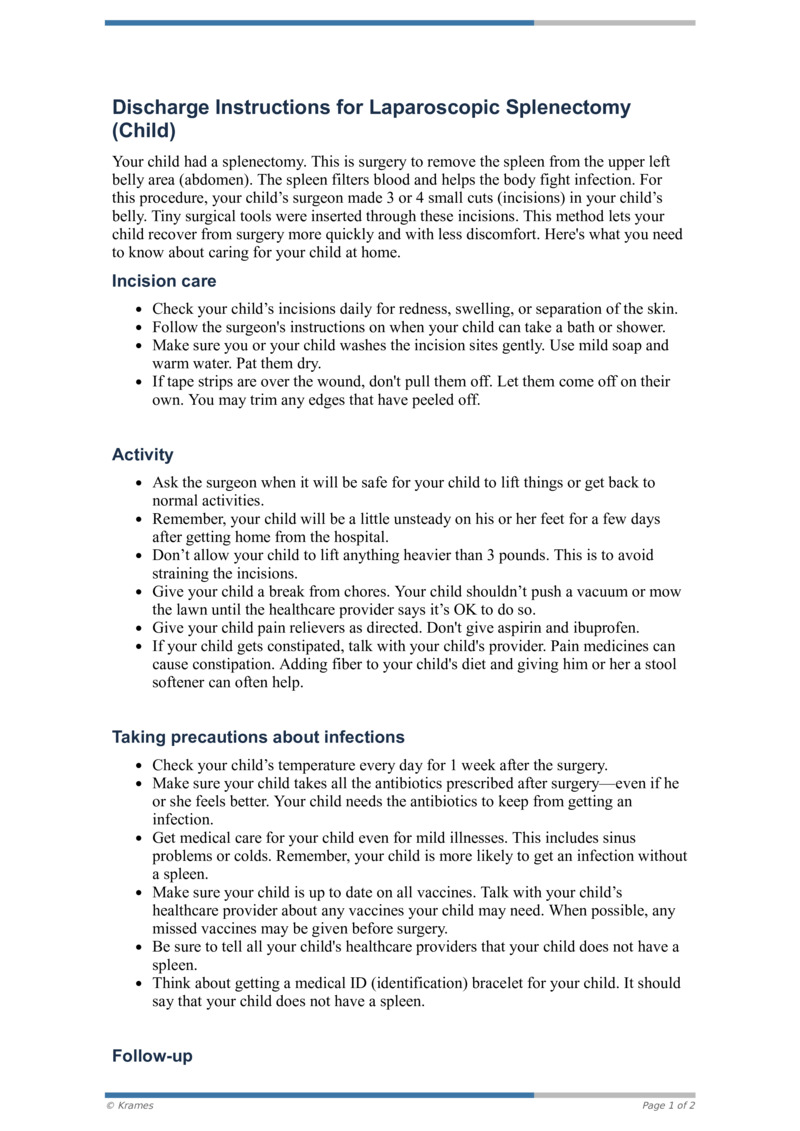 PDF - Discharge Instructions for Laparoscopic Splenectomy (Child ...