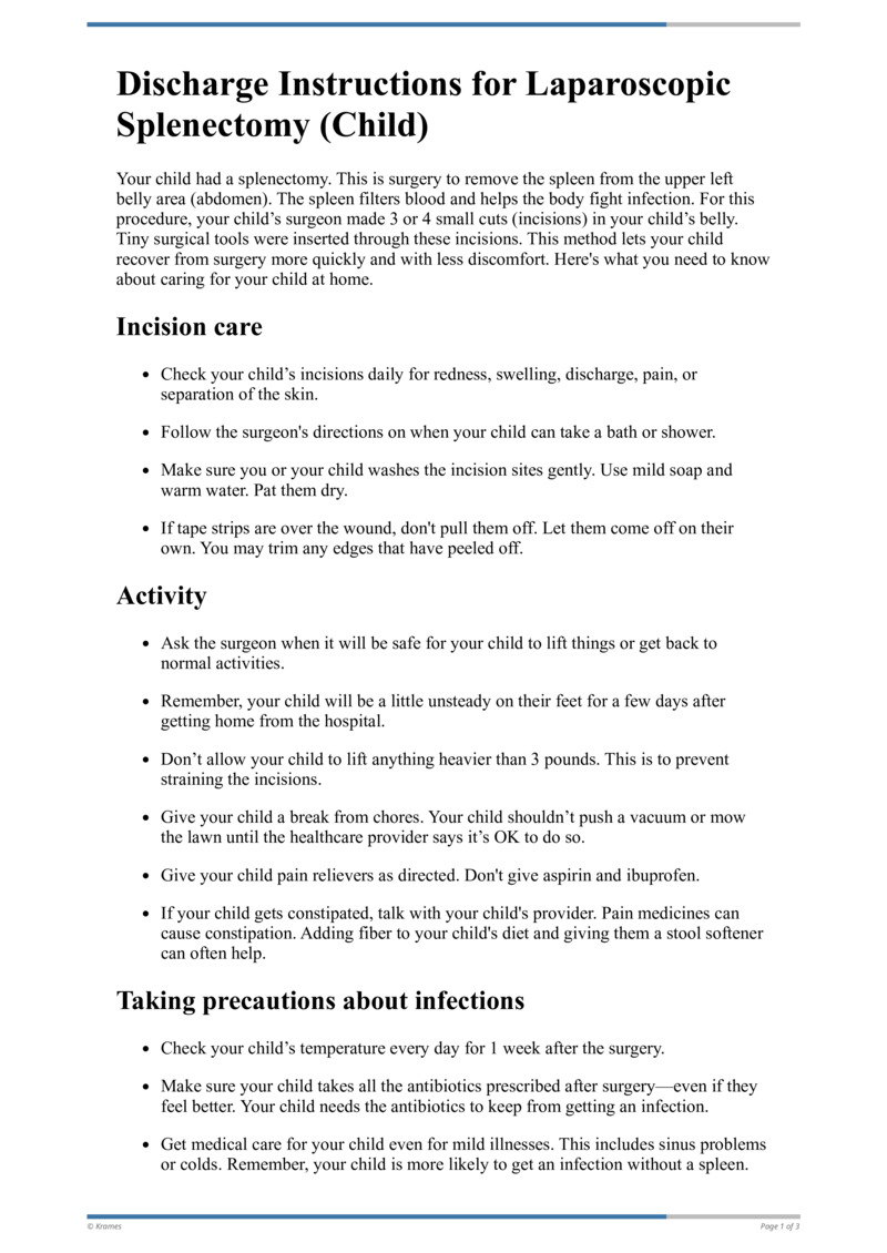 Text - Discharge Instructions for Laparoscopic Splenectomy (Child ...