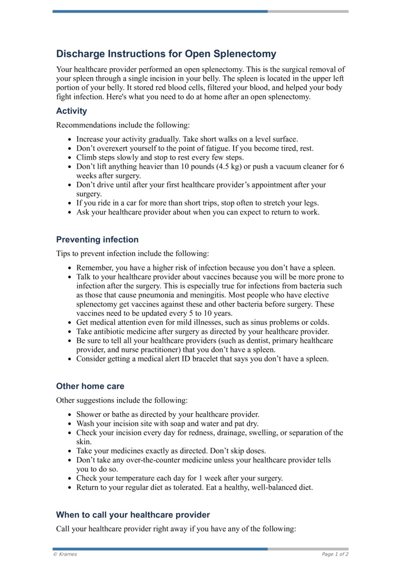 PDF - Discharge Instructions for Open Splenectomy - HealthClips Online