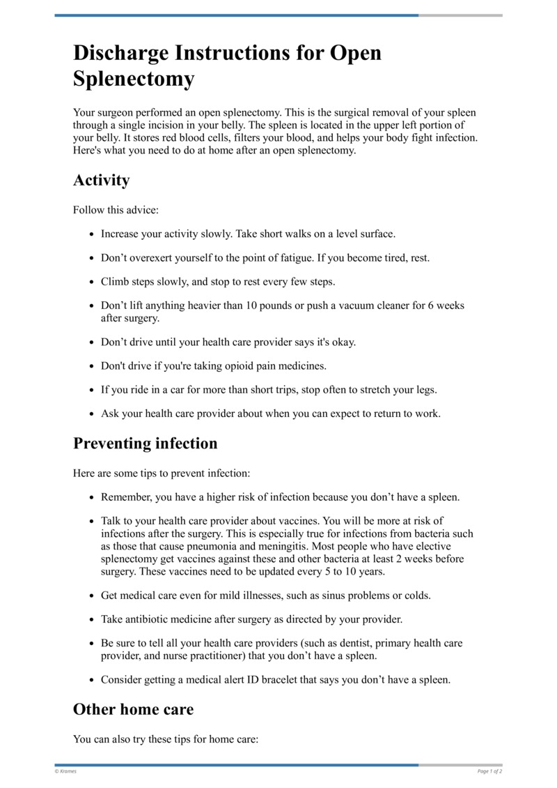 Text - Discharge Instructions for Open Splenectomy - HealthClips Online