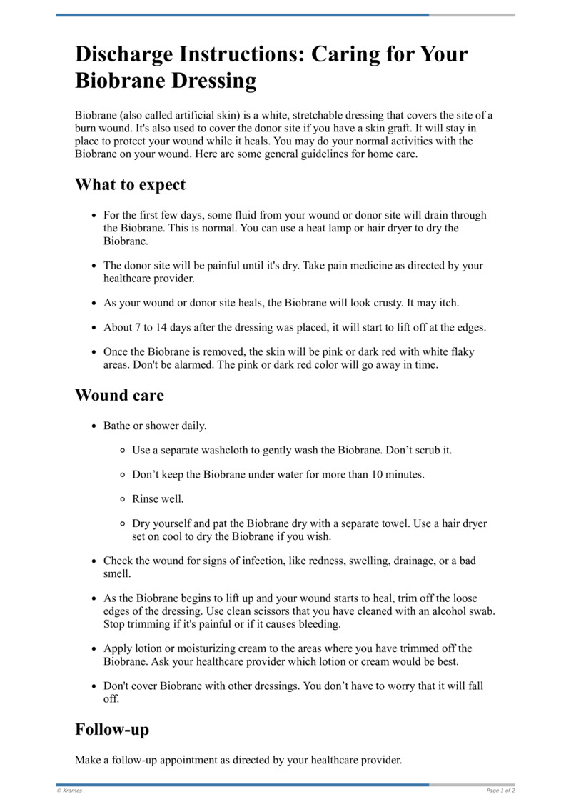 Text - Discharge Instructions: Caring for Your Biobrane Dressing - HealthClips Online