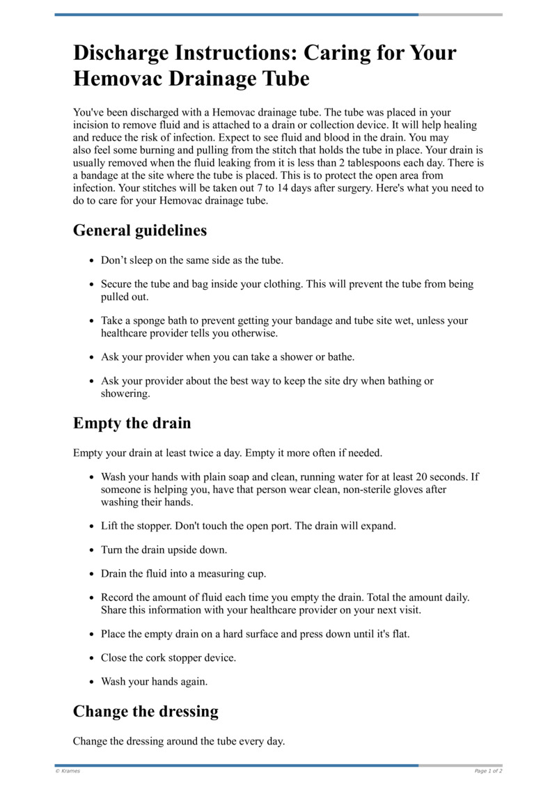 Text - Discharge Instructions: Caring for Your Hemovac Drainage Tube ...
