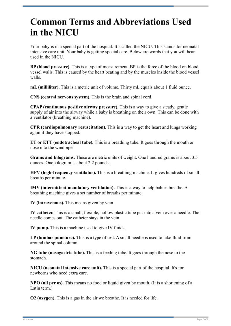 Text - Common Terms and Abbreviations Used in the NICU - HealthClips Online