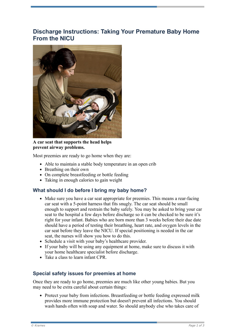 PDF - Discharge Instructions: Taking Your Premature Baby Home from the ...