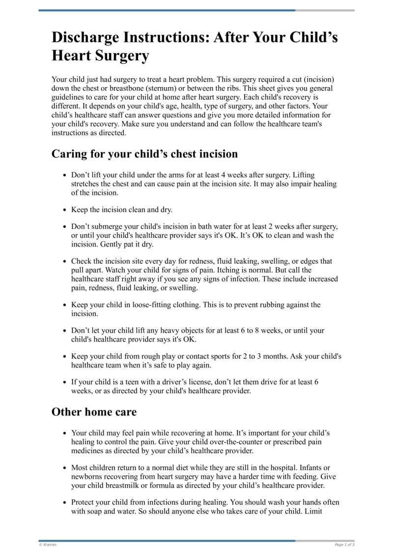 Text - Discharge Instructions: After Your Child's Heart Surgery ...