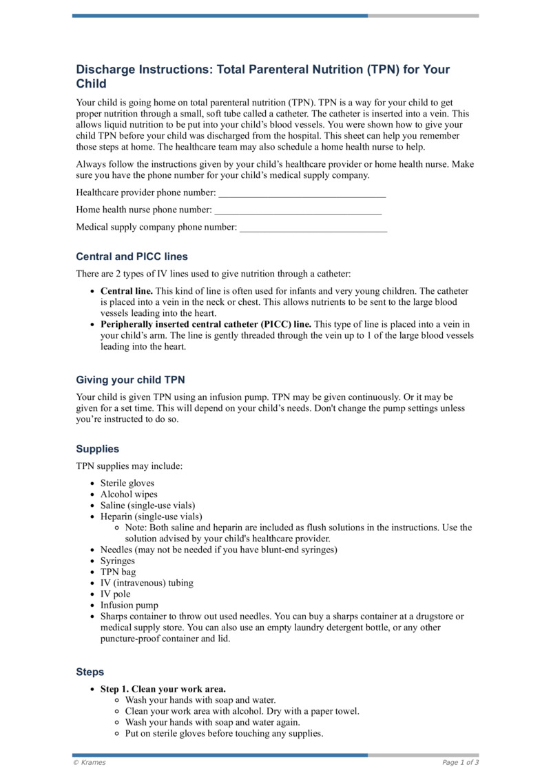 PDF - Discharge Instructions: Total Parenteral Nutrition (TPN) for Your ...