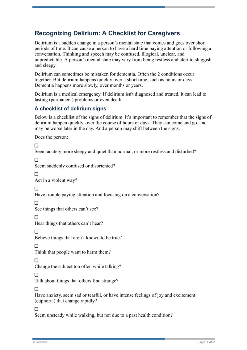 PDF - Recognizing Delirium: A Checklist for Caregivers - HealthClips Online