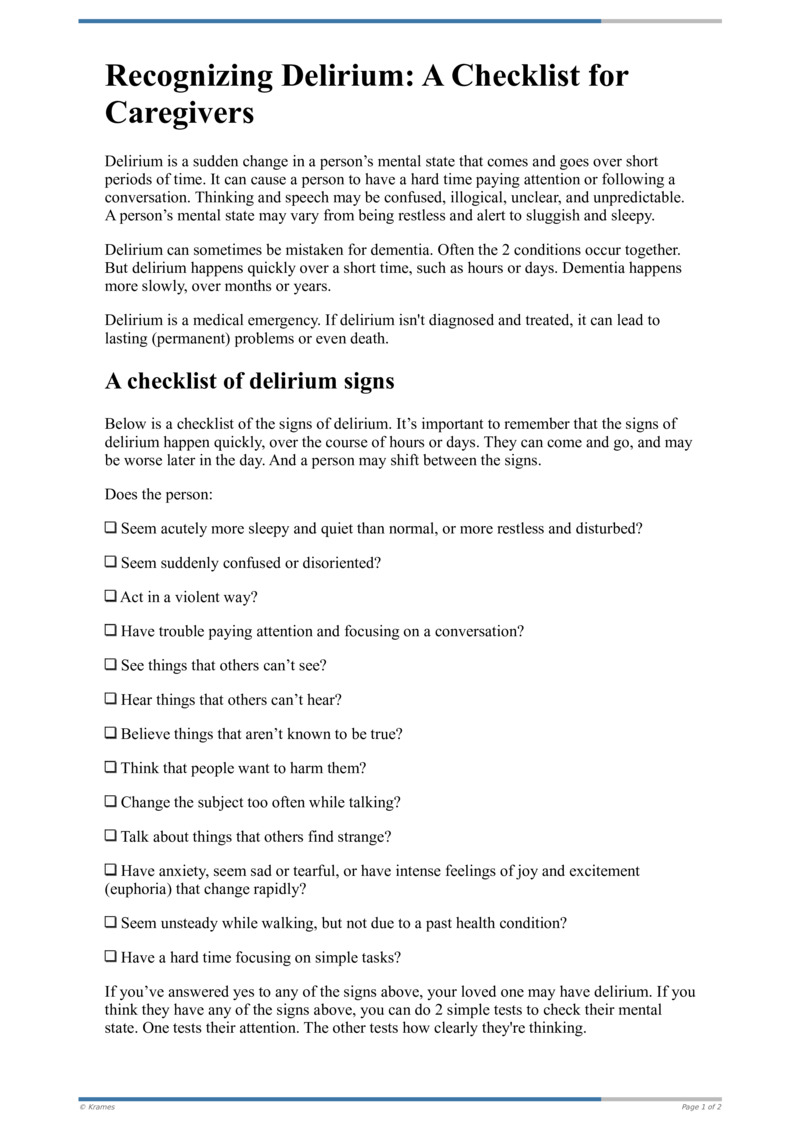 Text - Recognizing Delirium: A Checklist for Caregivers - HealthClips ...