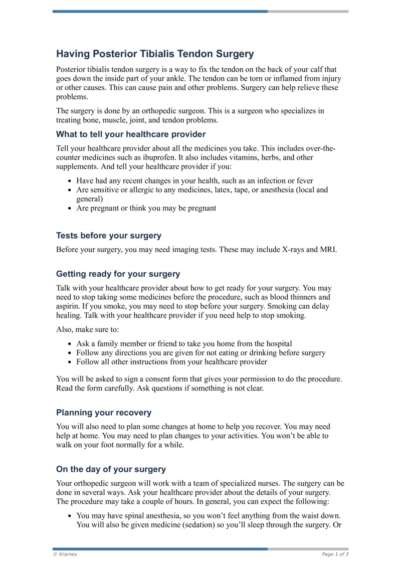 PDF - Having Posterior Tibialis Tendon Surgery - HealthClips Online