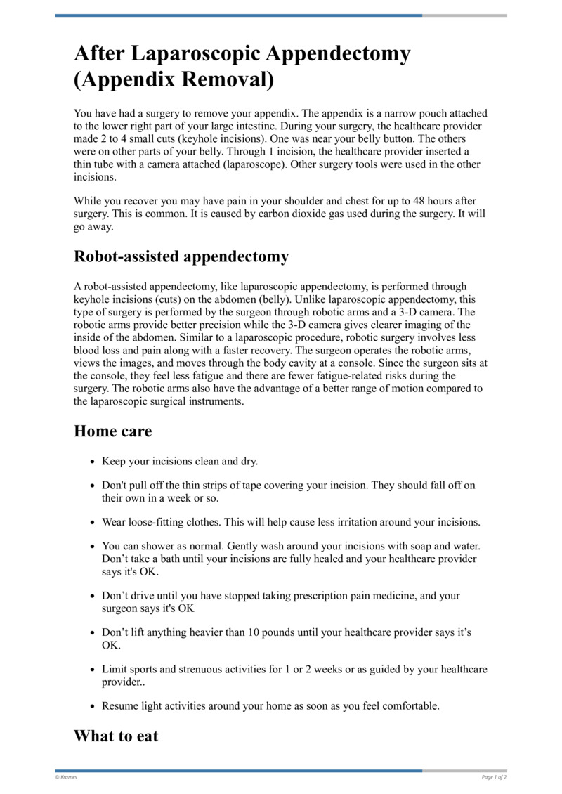 Text - After Laparoscopic Appendectomy (Appendix Removal) - HealthClips ...