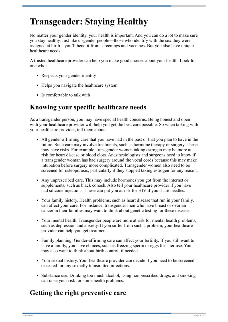 Text - Transgender: Staying Healthy - HealthClips Online