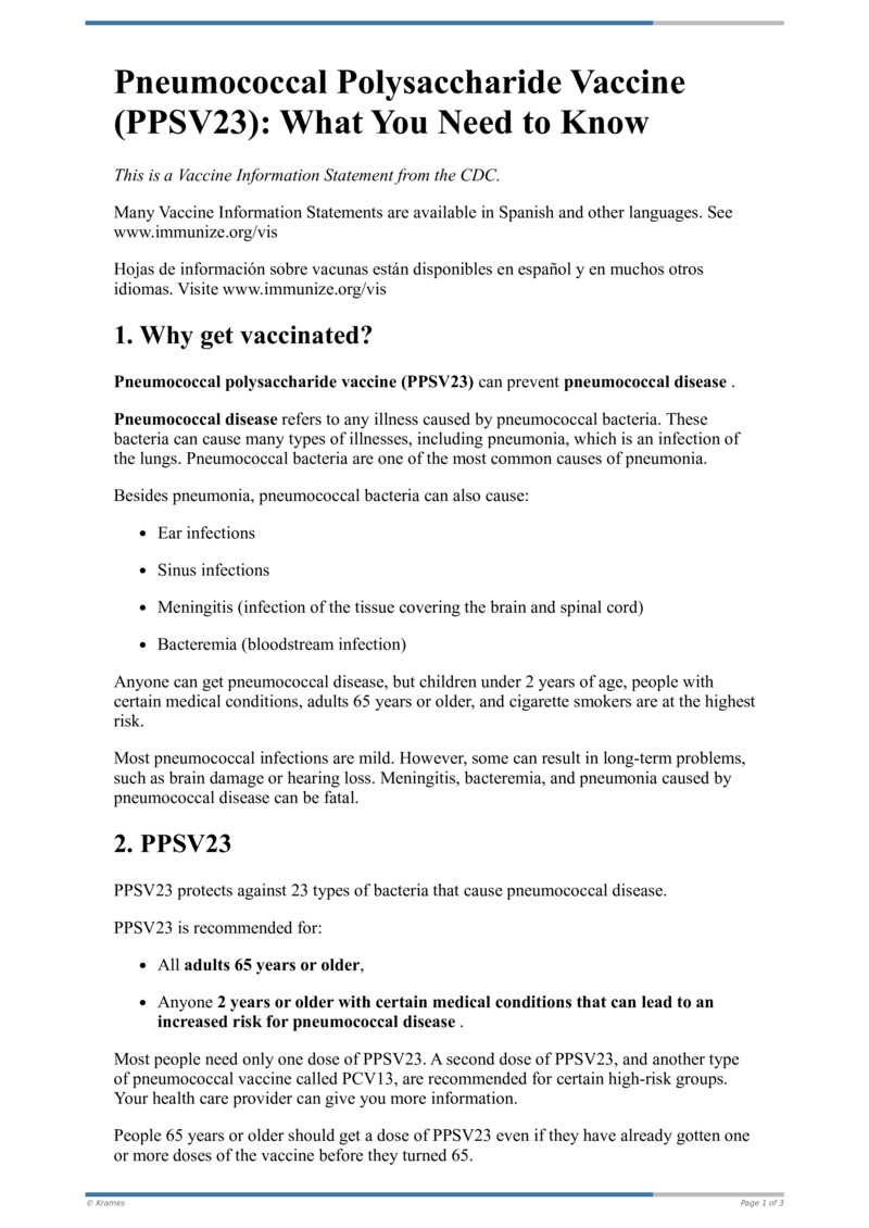 PDF - Pneumococcal Polysaccharide Vaccine (PPSV23): What You Need to ...